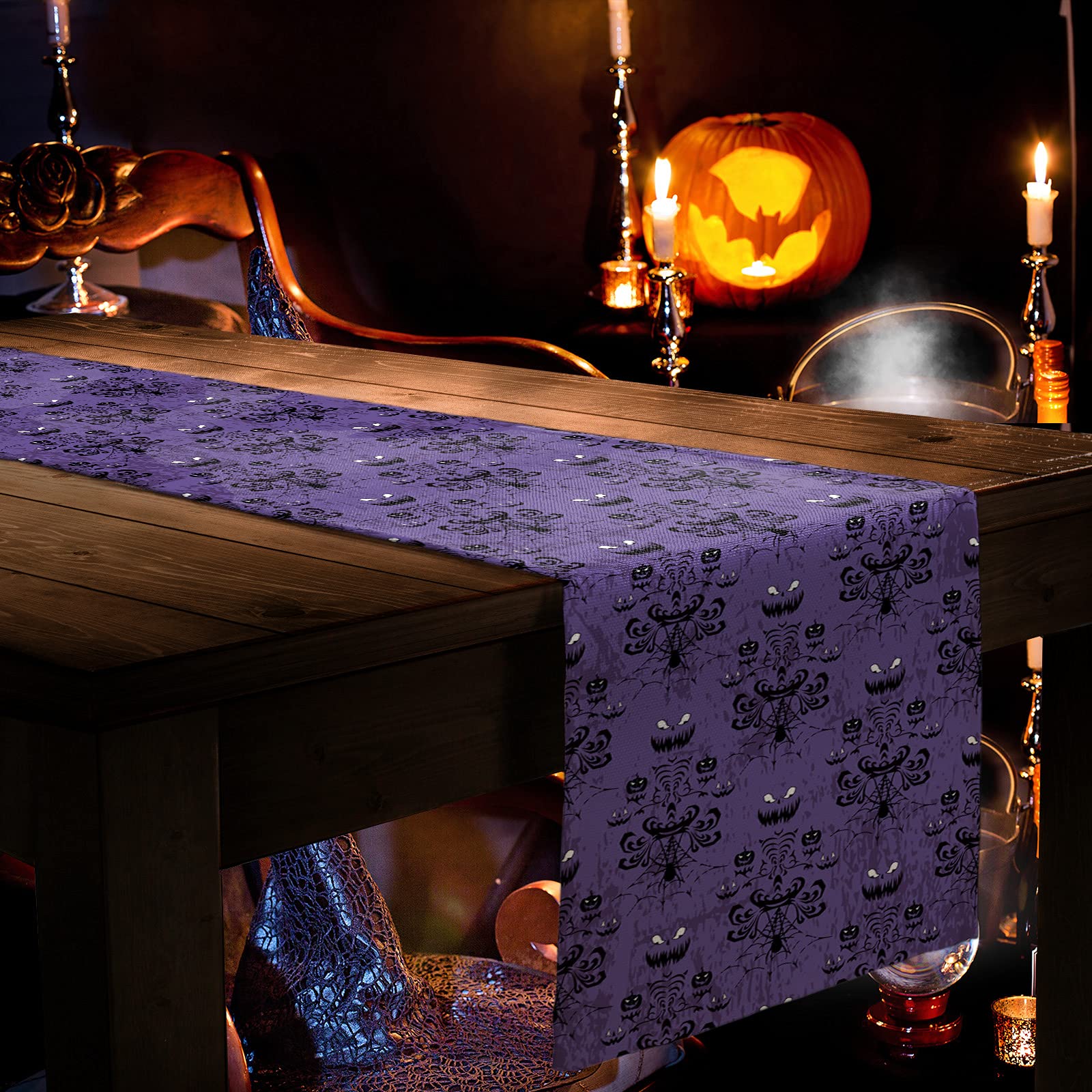 Halloween Table Runner for Dining Table Coffee Table Home Kitchen Decorative Haunted Ghost House Mansion Spider Cotton Line Table Linens for Indoor Outdoor Party/Holiday/Wedding/Gathering13x70inch