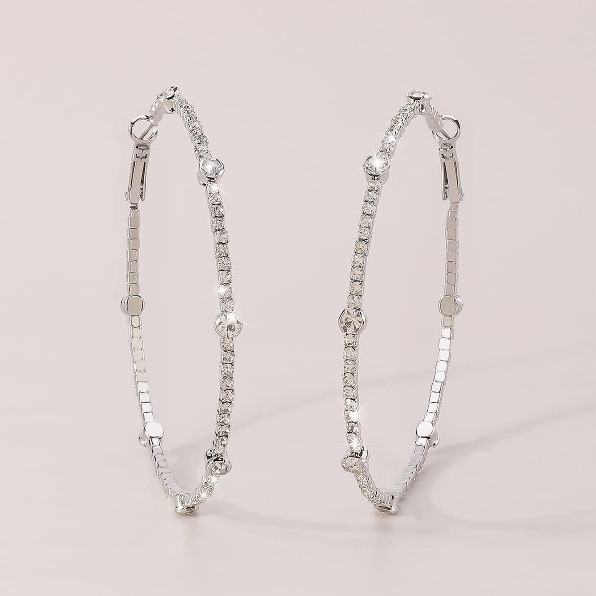 Jumwrit Big Rhinestone Hoop Earrings Large Round Circle Earrings Chain Dangle Earrings Sparkle Stud Earrings for Women Girls(Silver)
