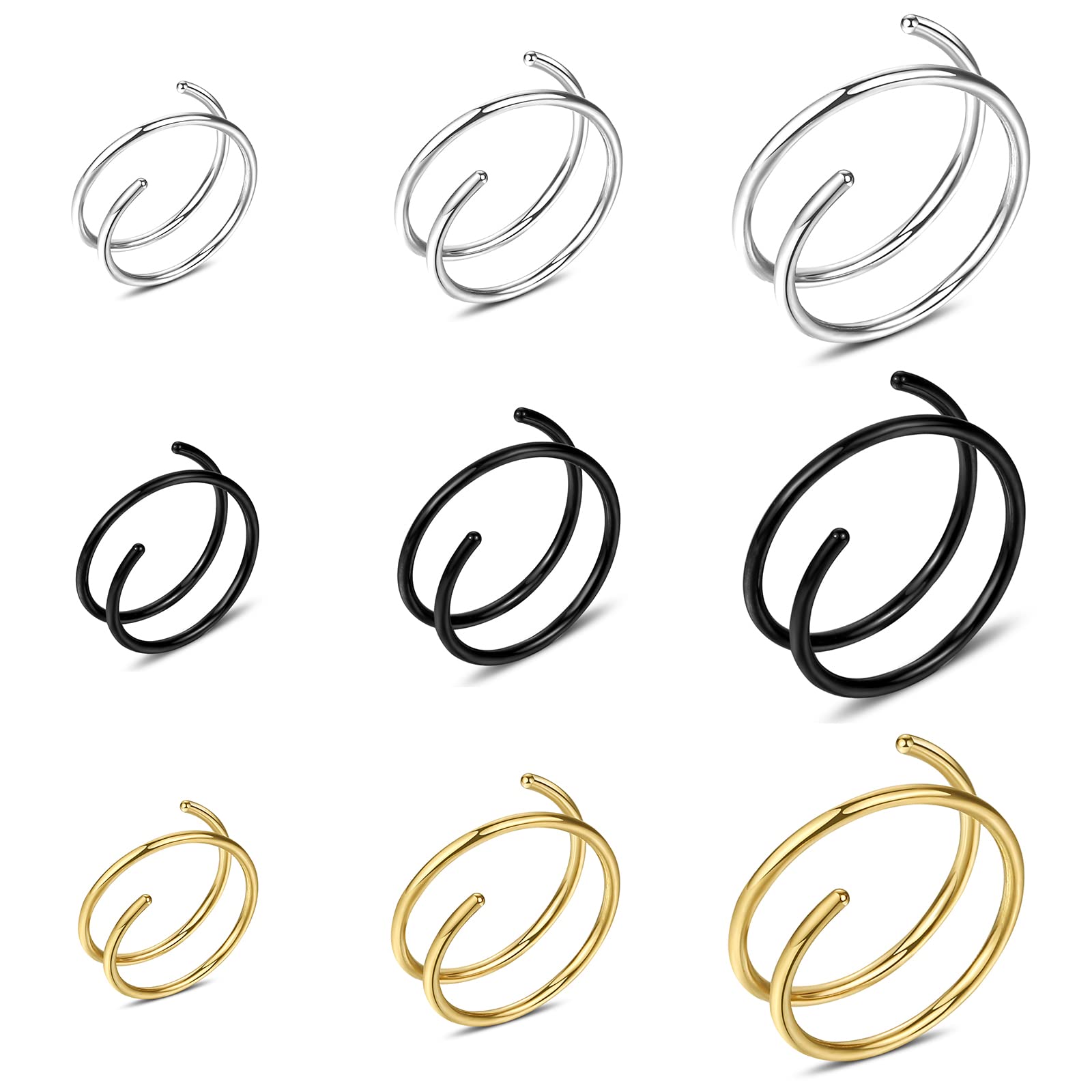 KWUNCCI Double Nose Ring Hoops for Single Piercing 20G Surgical Steel Spiral Nose Ring for Men Women 6/8/10mm