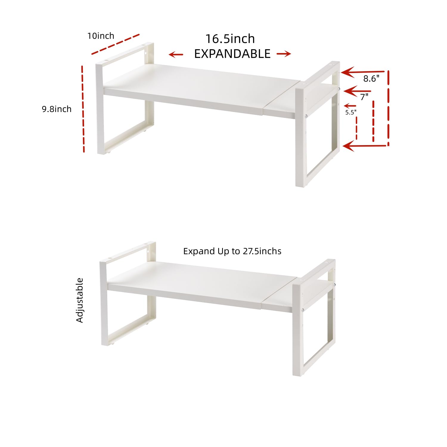 lonpute Expandable Cabinet Shelf Organizers,Adjustable Height Cabinet Cupboard, Kitchen Counter Shelves, Stackable, Expandable, Metal(White - 2 Tier)