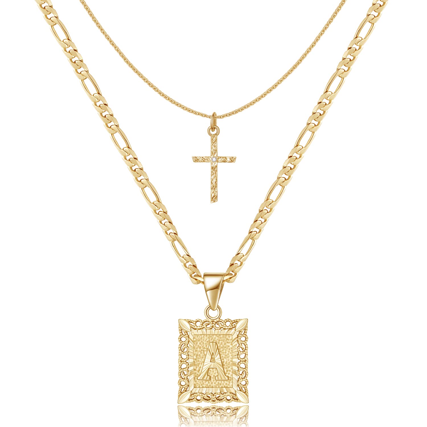 KELORIS PATH Gold Layered Initial Cross Necklace, 14K Gold Plated Layering Square Letter Pendant Figaro Chain Cross Choker from A-Z Capital Jewelry for Women(Letter A)