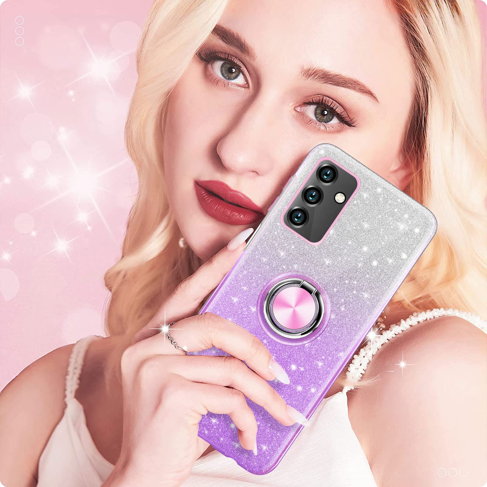 KSWOUS for Galaxy A13 5G Case with Screen Protector [2 Pack], Glitter Sparkly Bling Protective Cover with Kickstand for Women Girls Slim Shockproof Case for Samsung A13 Phone Case (Purple)