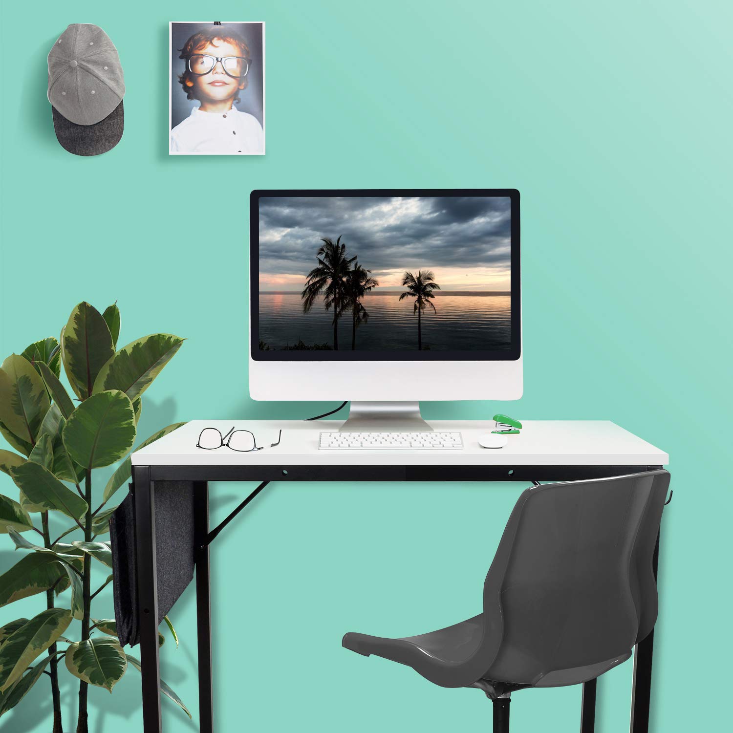 iPEGTOP 39.4" Small Computer Desk with Headphone Hook Storage Bag, Simple Writing Table for Home Office Students, Sturdy PC Laptop Desk, Black Metal Frame Industrial, White