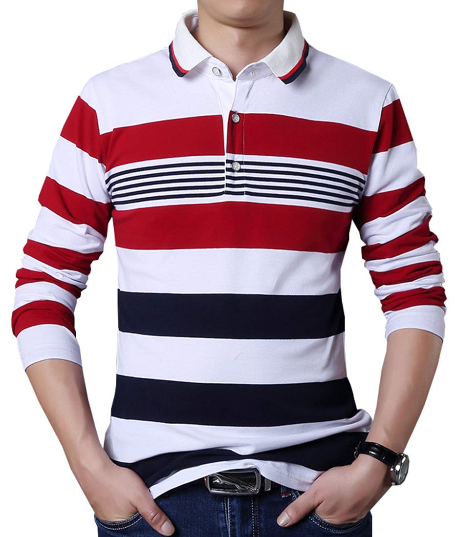 Men Polo Shirts Long Sleeve - Striped Golf Polo Shrts Dress Tshirts Top Slim Fit Stylish Blue and White Size M