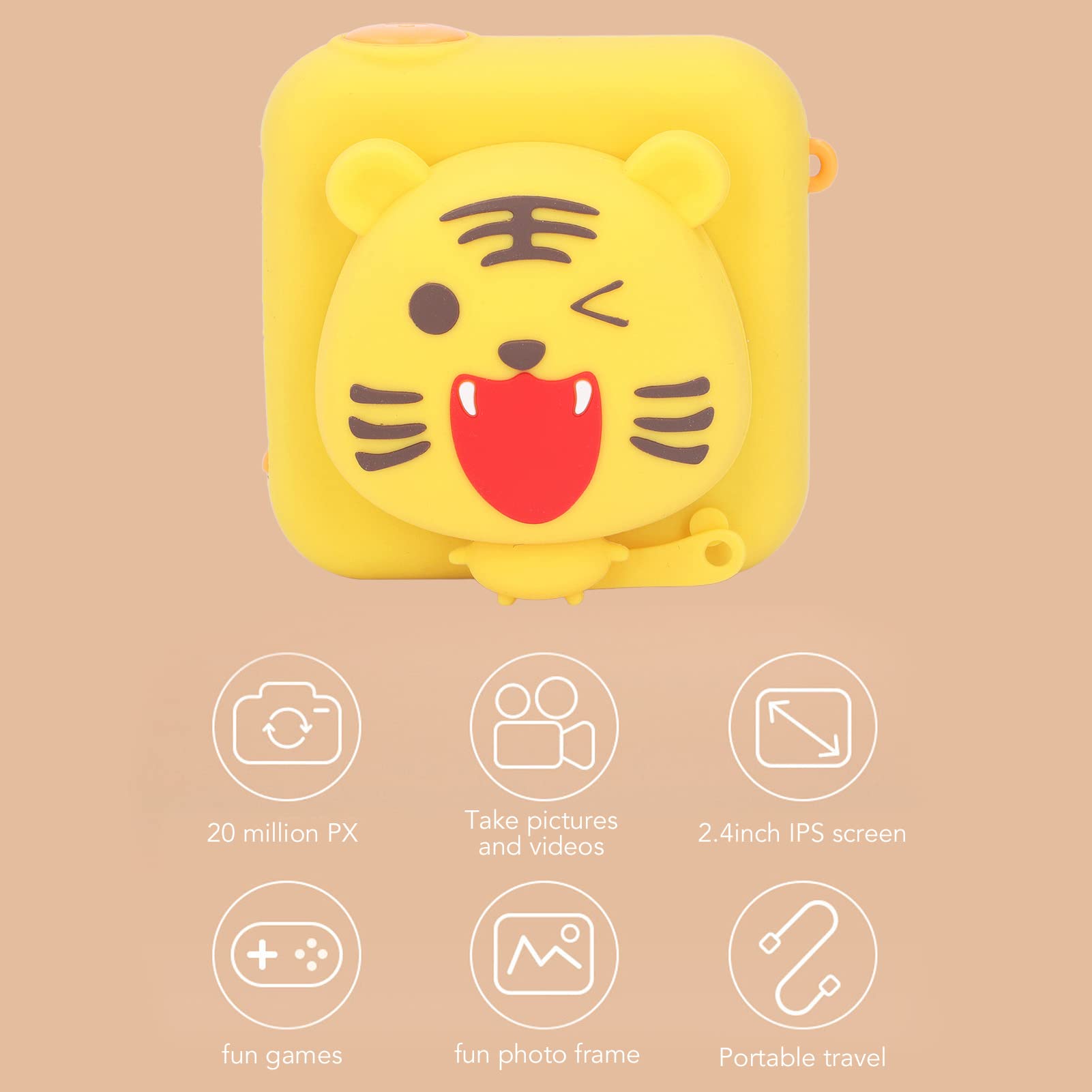 Kid Camera Digital, Childrens Camera Multi Function 32GB Memory Card Yellow Tiger 720P Video Resolution for Christmas for Home for Boys for Outdoor