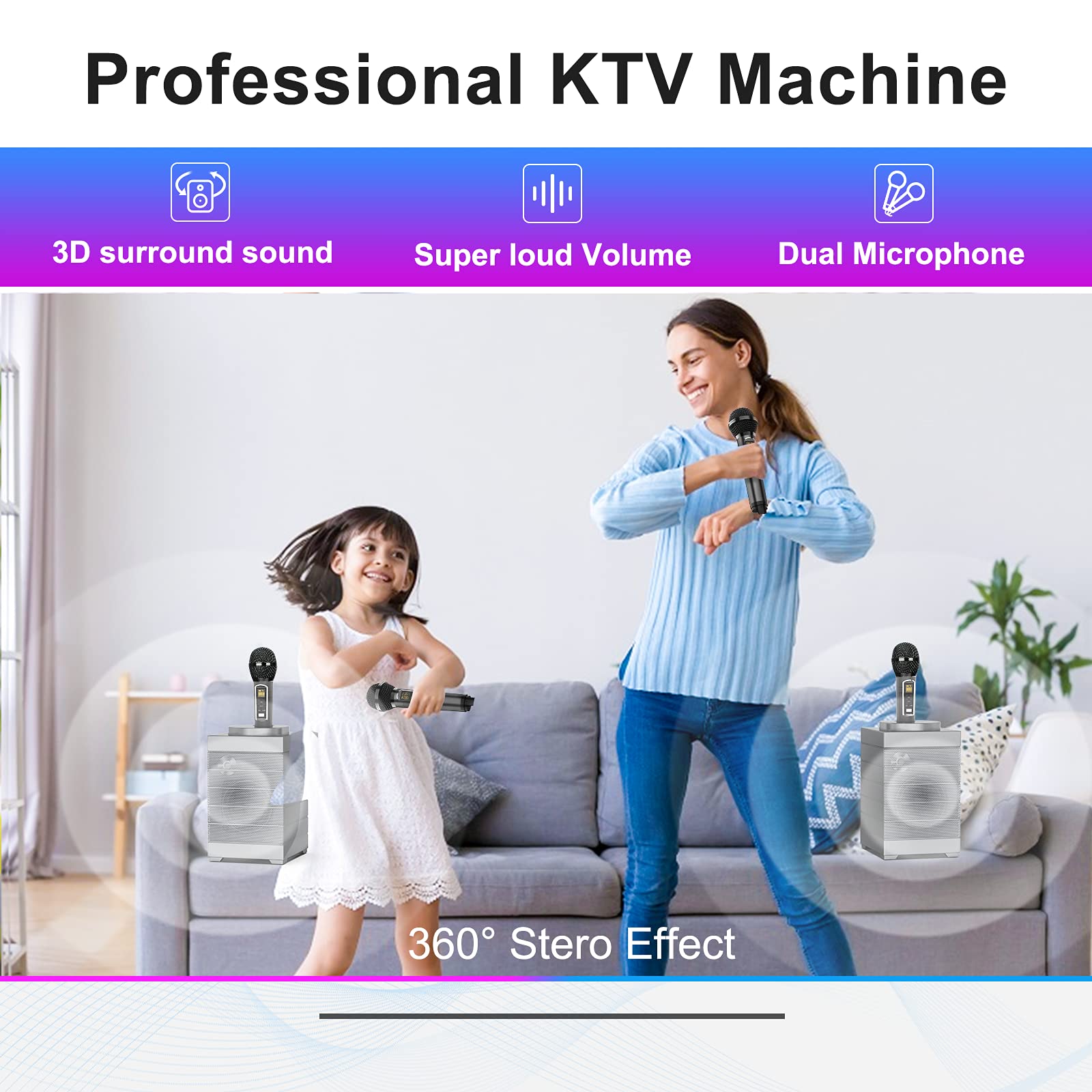 Karaoke Machine for Adults Kids, Vamvo Portable Bluetooth Karaoke Speaker with 2 Wireless Microphones PA Speaker System for Family Party Singing