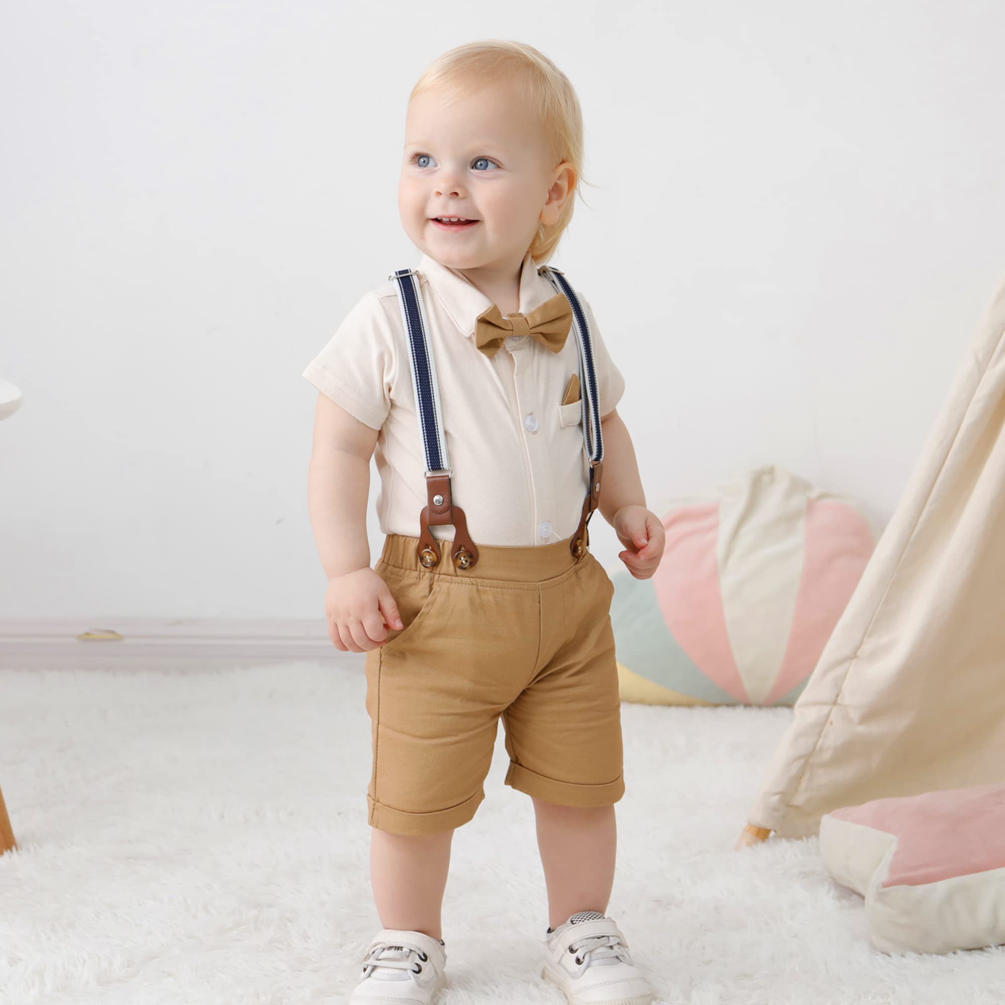 YUEMION Infant Baby Boy Clothes Gentleman Outfits Suits Summer Short Sleeve Bowtie Bodysuit Shirts + Suspender Shorts (Beige,12-18M)