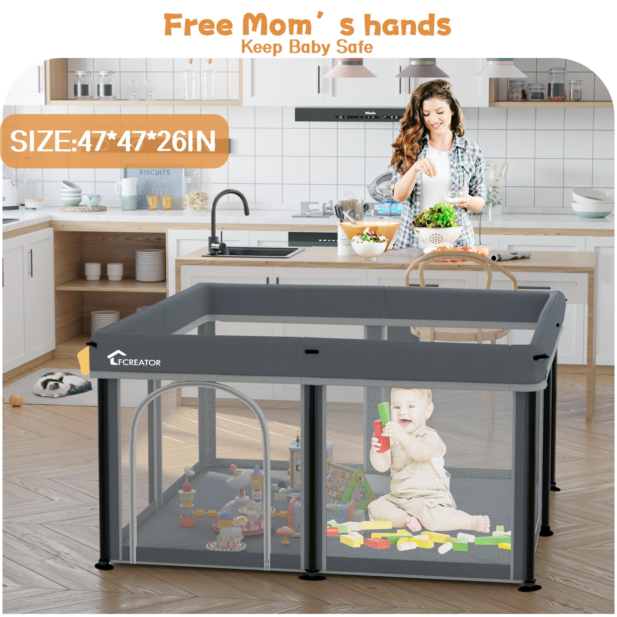 LFCREATOR Foldable Baby Playpen, Playpen for Babies and Toddlers Indoor & Outdoor,Baby Activity Center with Visible Breathable Mesh,50”×50”(Grey)
