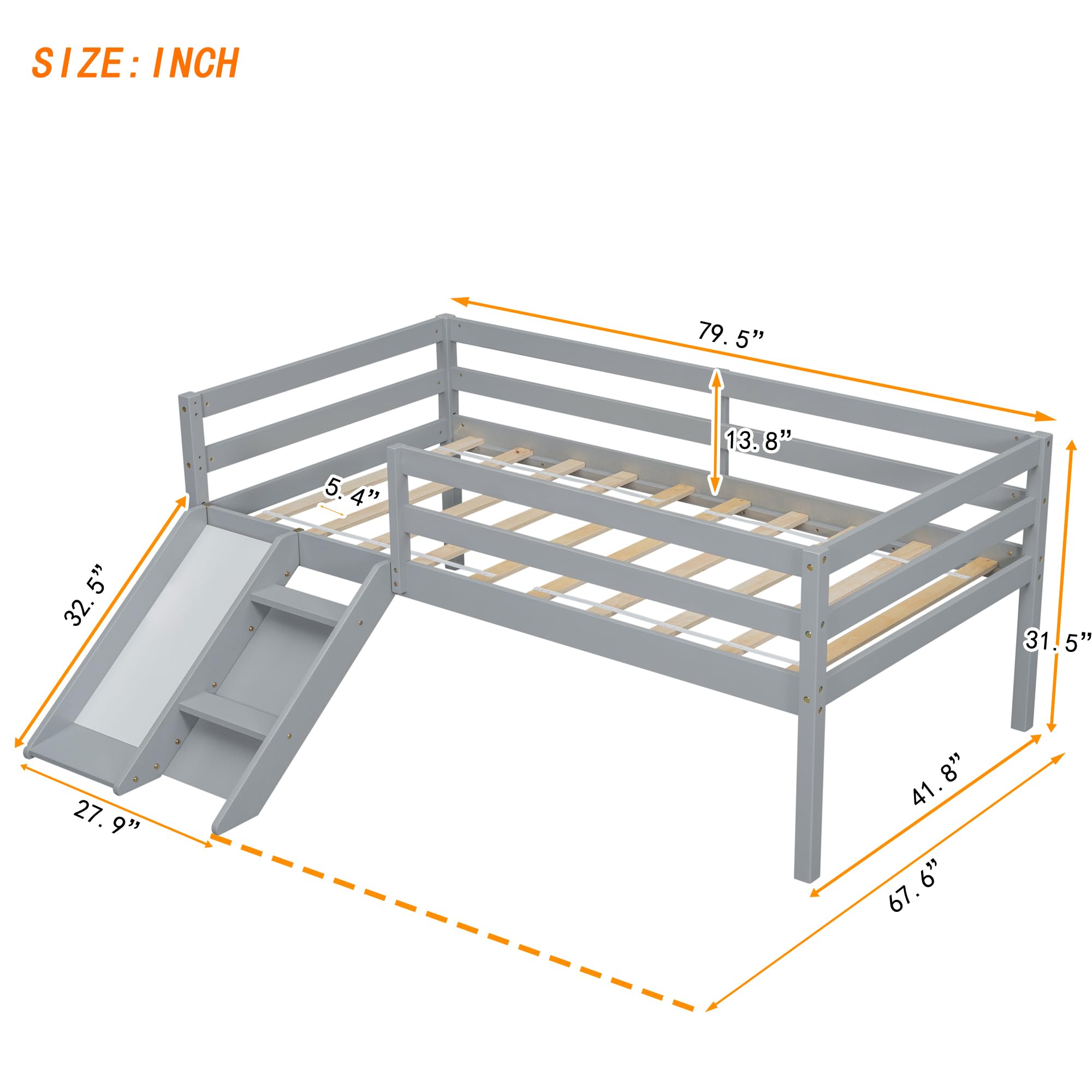 Twin Low Loft Bed with Slide, Ladder & Safety Guardrails, Wood Loft Bed Frame for Kids Teens Boys & Girls, No Box Spring Needed,Grey