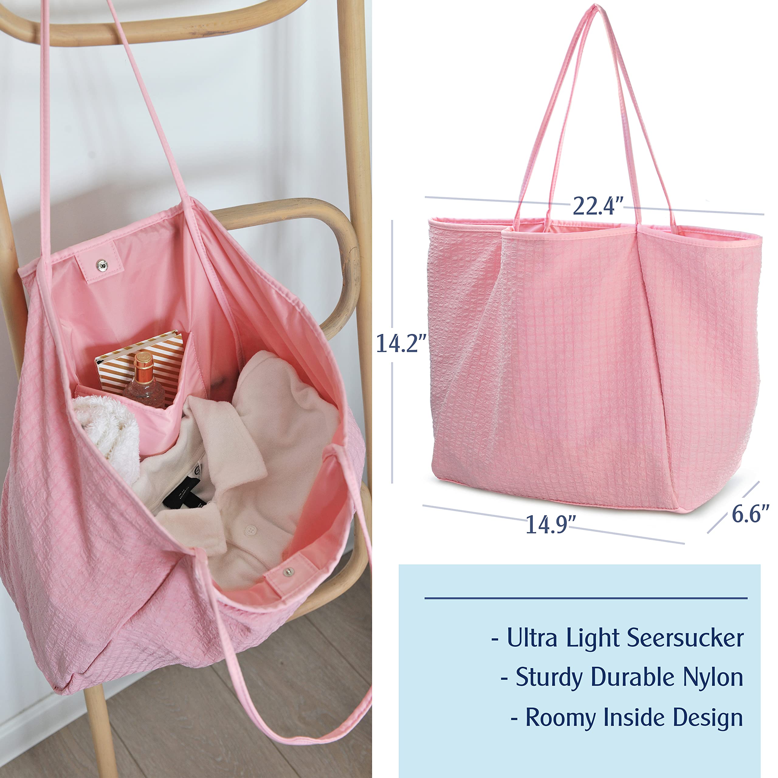 Lightweight Tote Womens Seersucker Shoulder Handbag Foldable Carryall Bag (Pink)