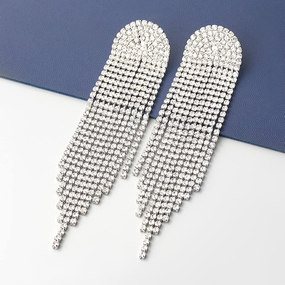 Jumwrit Rhinestone Tassel Earrings Bohemian Fringe Chandelier Earrings Long Rhinestone Earrings Statement Drop Earrings for Women(Silver)
