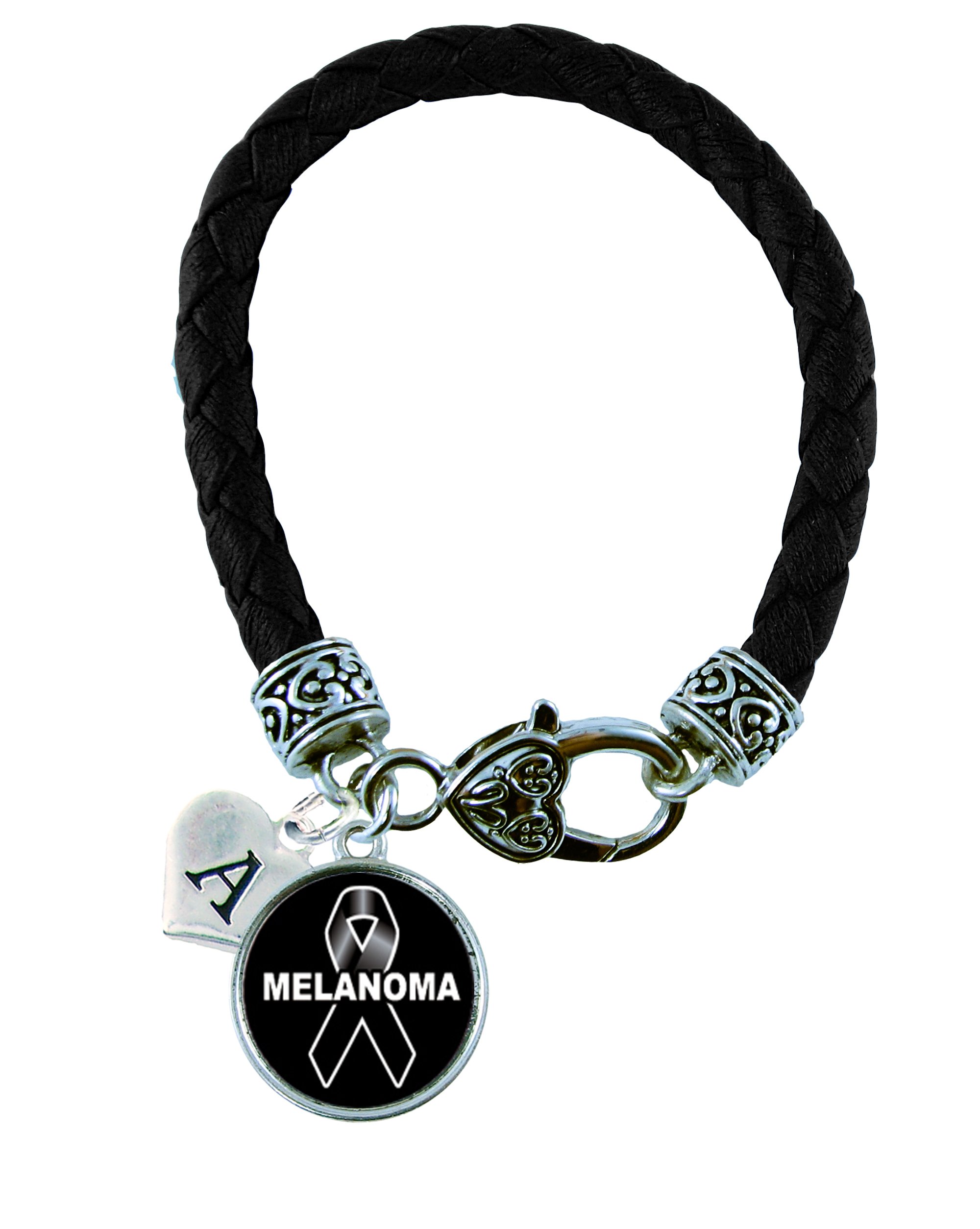 Holly Road Custom Melanoma Awareness Ribbon Black Leather Bracelet Gift Jewelry Choose Initial