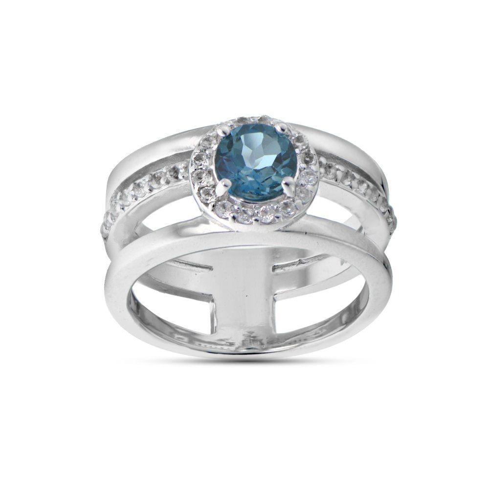 Ice Gems Sterling Silver London Blue Topaz and White Topaz Three Row Halo Ring, Size 10