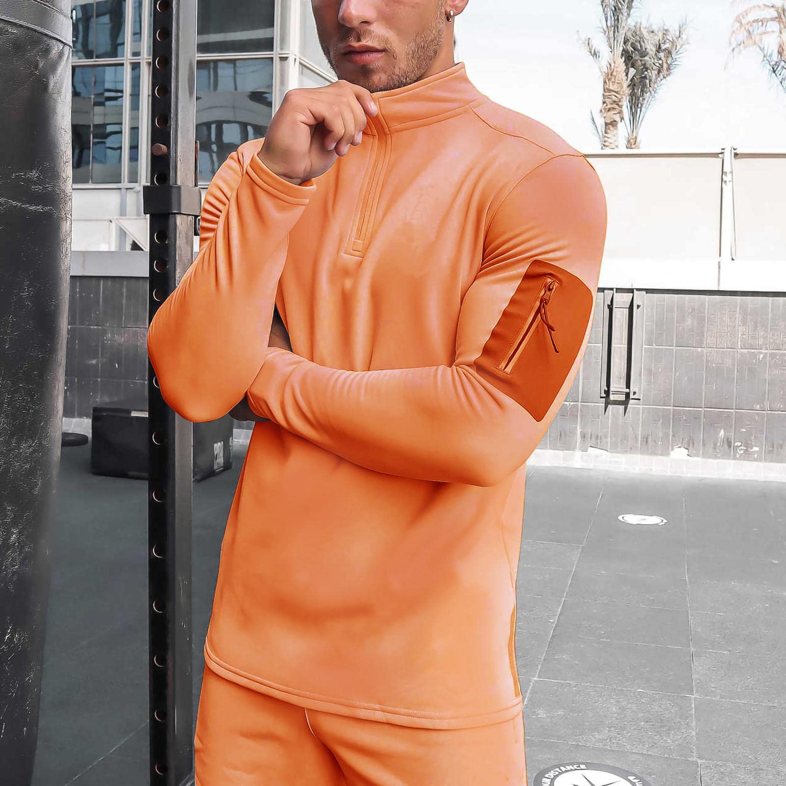 Mens Quarter Zip Athletic Pullover Long Sleeve Dry Fit Active Sports Sweatshirt Running Outdoor Shirts Orange