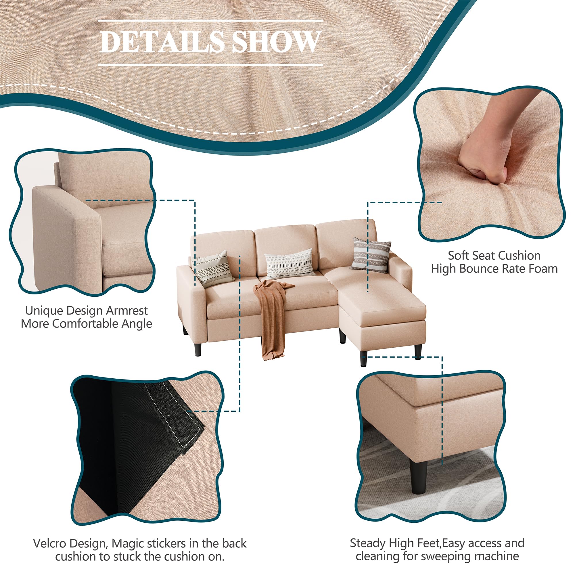 SUNLEI L-Shaped Couch Sofa for Living Room, Convertible Sectional Sofa with Reversible Chaise Modern Linen Fabric, Sectional Sofa Couch for Small Space(Beige