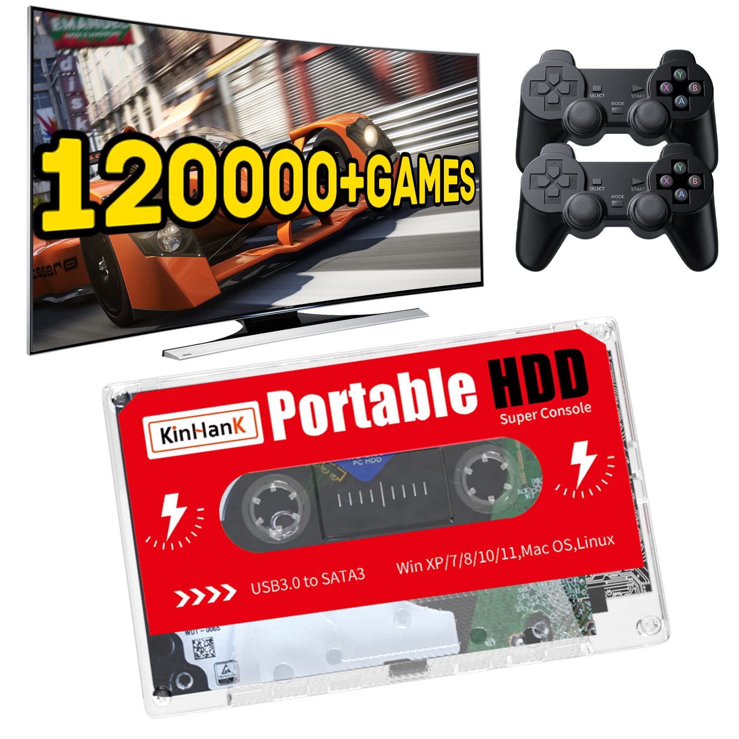 Kinhank 2TB External Hard Drive,Retro Game Console with 120000+Games,Retro Game Console HDD,Batocera 33 Game System for Laptop/PC/Windows/Mac OS,Compatible with Most Emulators,2 Controllers,USB 3.0