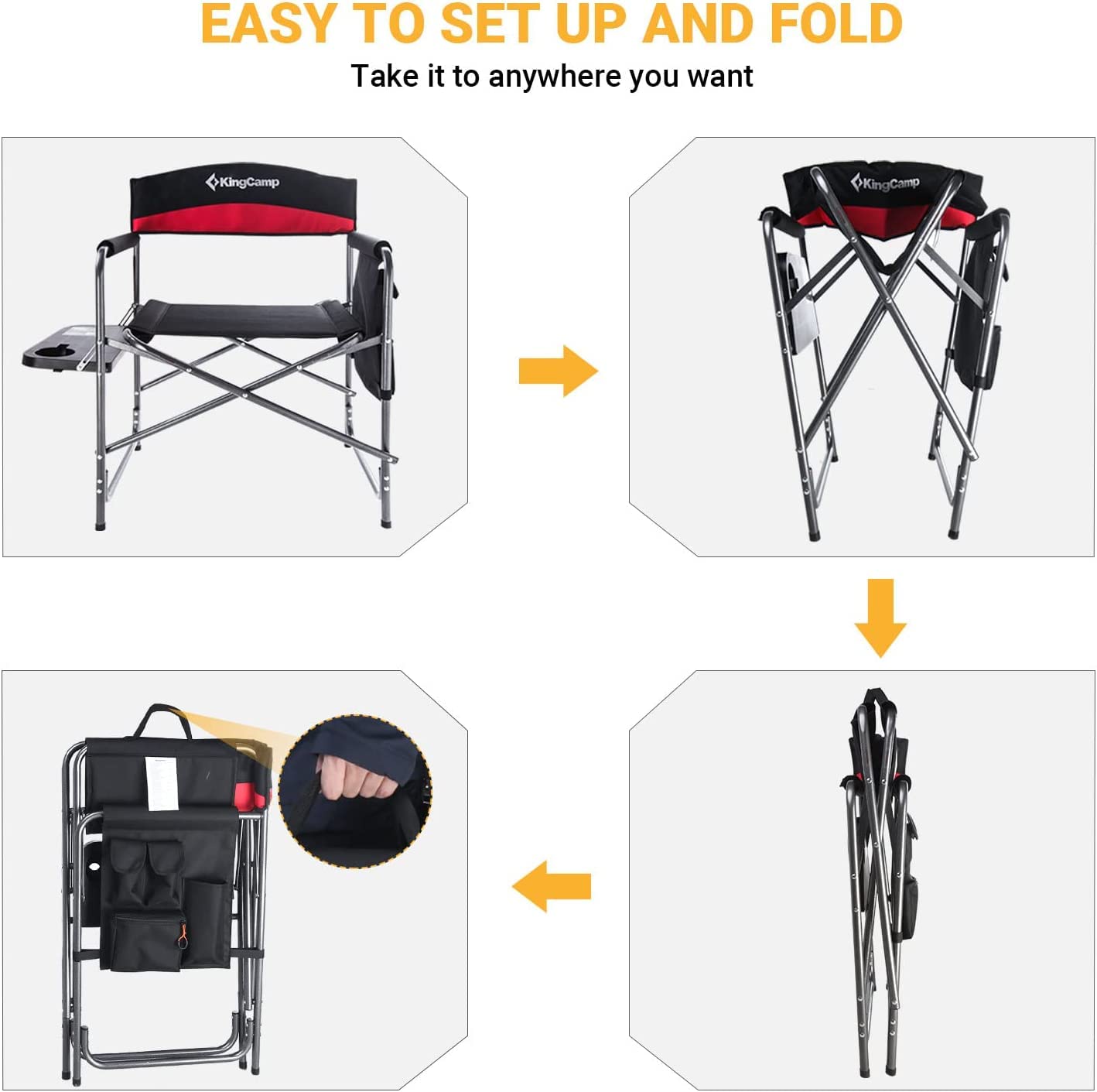 KingCamp Heavy Duty Camping Director Chair for Adults Folding Oversized Outdoor Lawn Foldable with Side Table and Pockets Padded Seat, Supports 400lbs, One Size, Black/Red-2 Pack