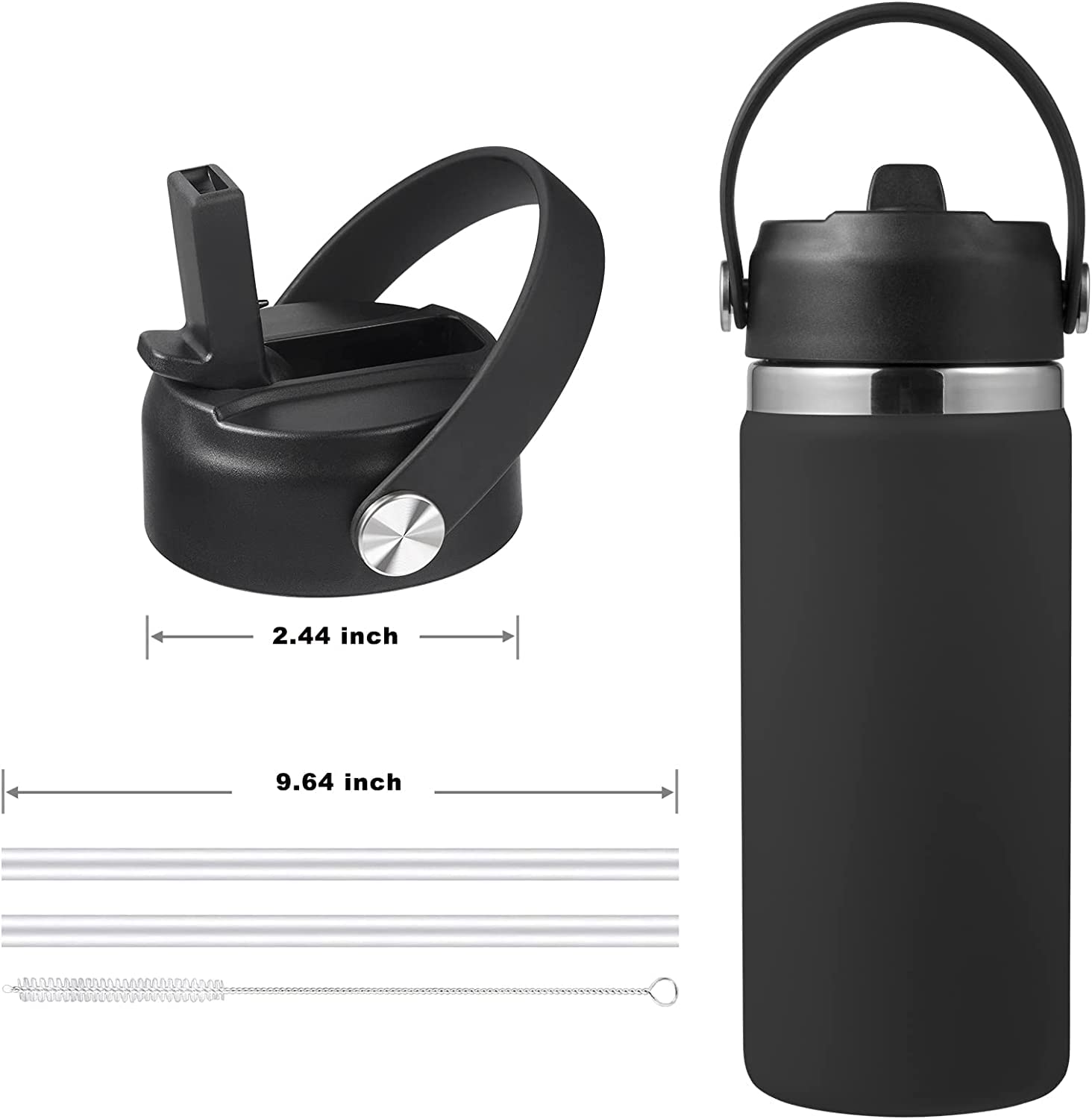 Hydroflask Lids with Straw 32 oz 40 oz Compatible with Hydro Flask Wide Mouth 64 oz Water Bottle, Cap Replacement with Straws, Hydro Flex Handle Top, Flask Water Bottle Accessories(Black 2 Pack)