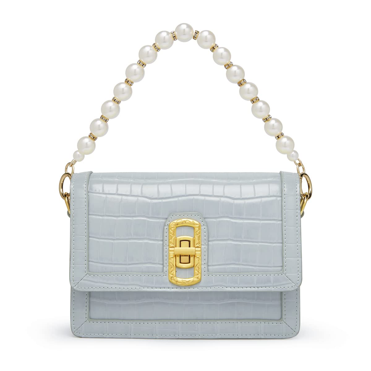 Leather Satchel Handbags for Women, Cowhide Leather Crossbody Bags with Pearl Handle Shoulder Strap(Blue)