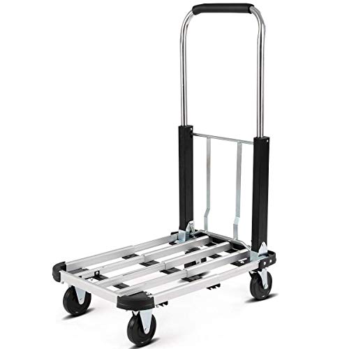 HWZQHJY Folding Aluminum Platform Truck, 4-Wheel Dolly Cart, Height and Length Adjustable, 330-lb Capacity, Silver