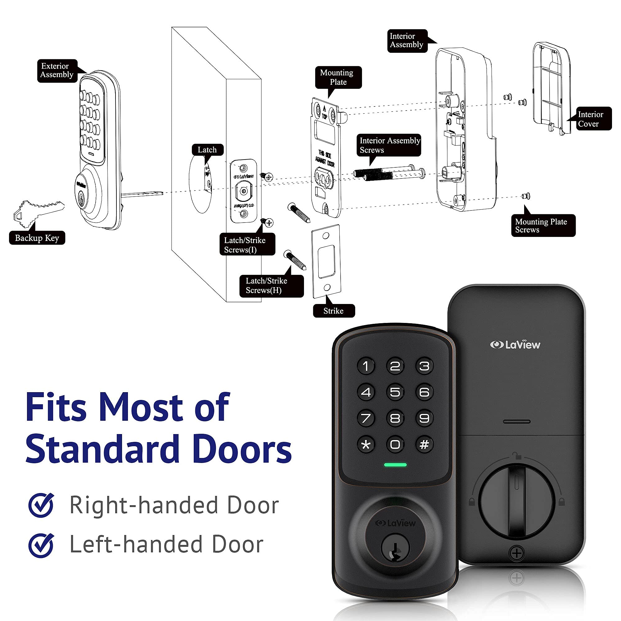 LaView Electronic Deadbolt Lock, Keypad Door Lock with Auto Lock, 1-Touch Motorized Locking, 20 User Codes, Bronze, Easy Installation