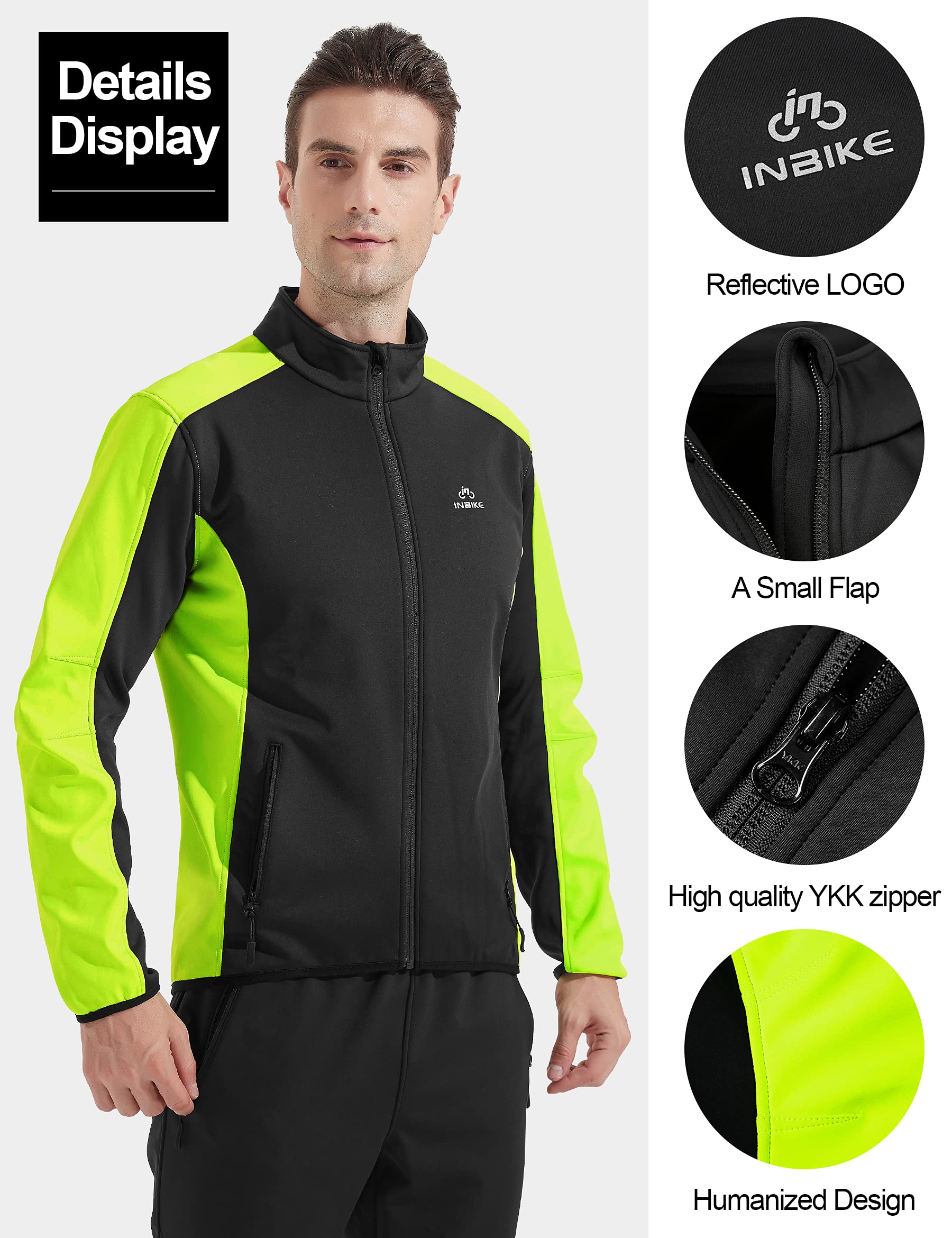 INBIKE Cycling Jacket for Men Running Biking Jackets Mens Windbreaker Reflective Windproof Fleece Lined Cold Weather Black Green Large