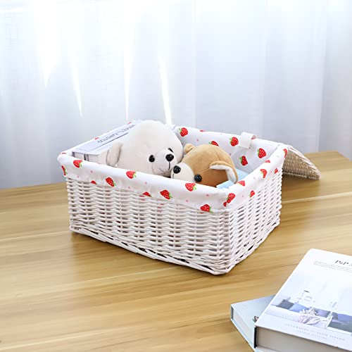 KINGWILLOW Rectangular Storage Basket, Wicker Storage Bin with Lid for Clothes Books Sundries (Strawberry Pattern Lining, Large)