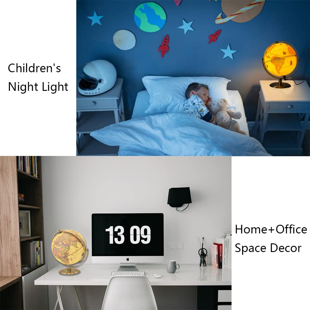 JusirHe Retro Style World Globes, 8" Educational World Globe with Stand, All Angle Rotatable, Night Light with Built-in LED, Decor for Office Classroom & Home, Gift Idea for Family & Friend