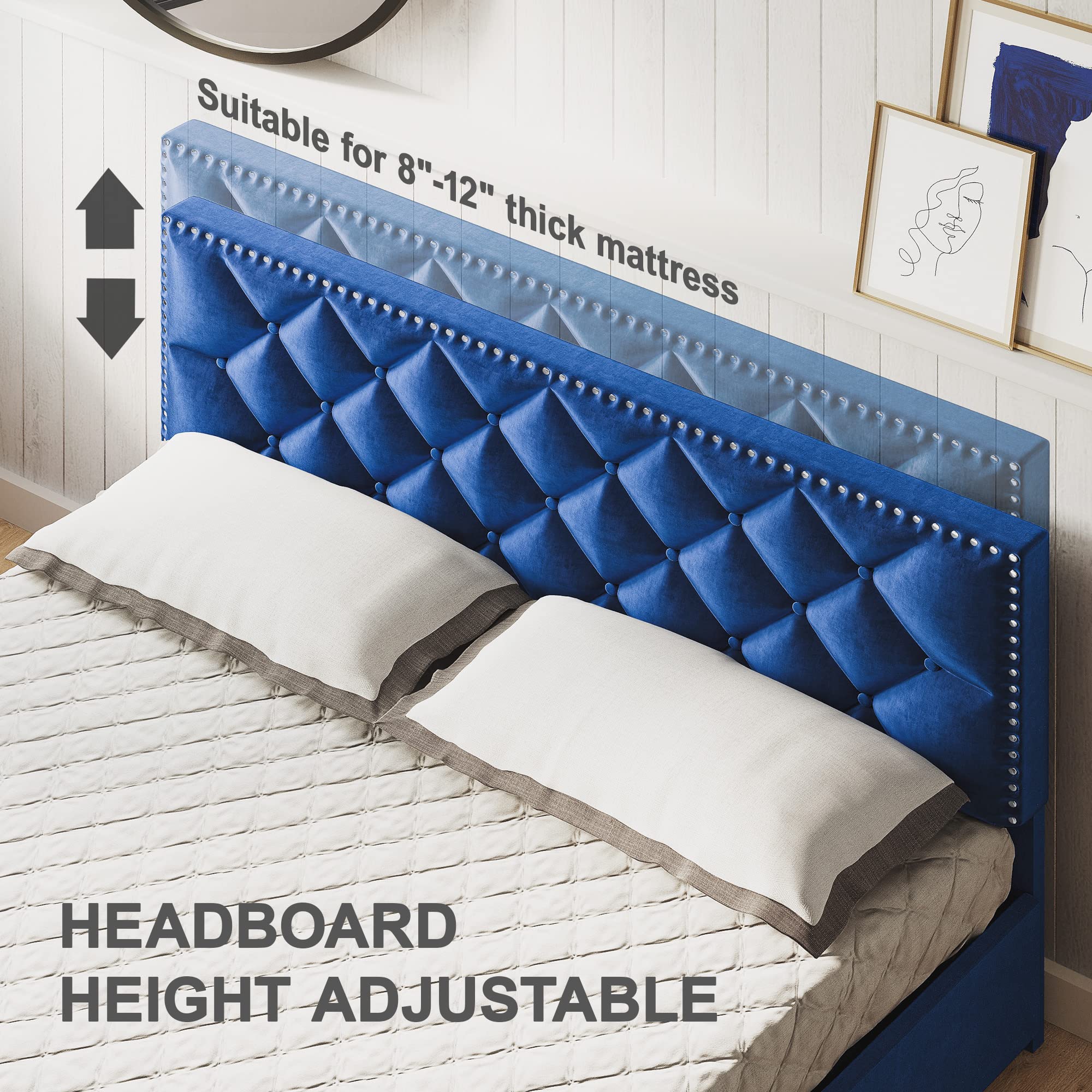 LIKIMIO Queen Bed Frame with 4 Storage Drawers, Velvet Upholstered Headboard with Button Tufted & Rivets, Easy Assembly, No Box Spring Needed (Blue, Queen)