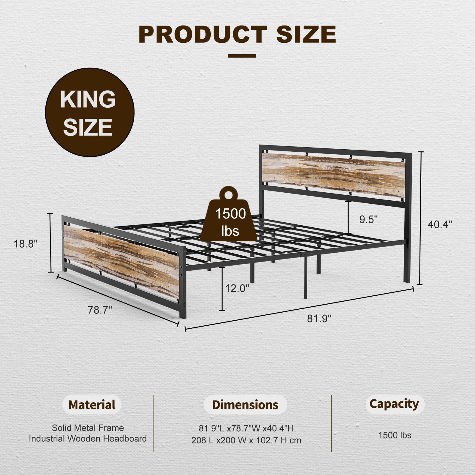 IKIFLY California King Size Metal Bed Frame/Industrial Cal King Platform Bed with Wooden Headboard Footboard/Heavy Duty Steel Slats Support/No Box Spring Needed(Cal King, Light Brown)