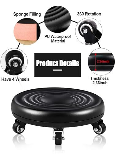 Lanstics Low Roller Seat Short Stools with Wheel Chair PU Leather Rolling Stool Seats Universal Wheels for Home Office Fitness Round Roller Seat Stool (Black)