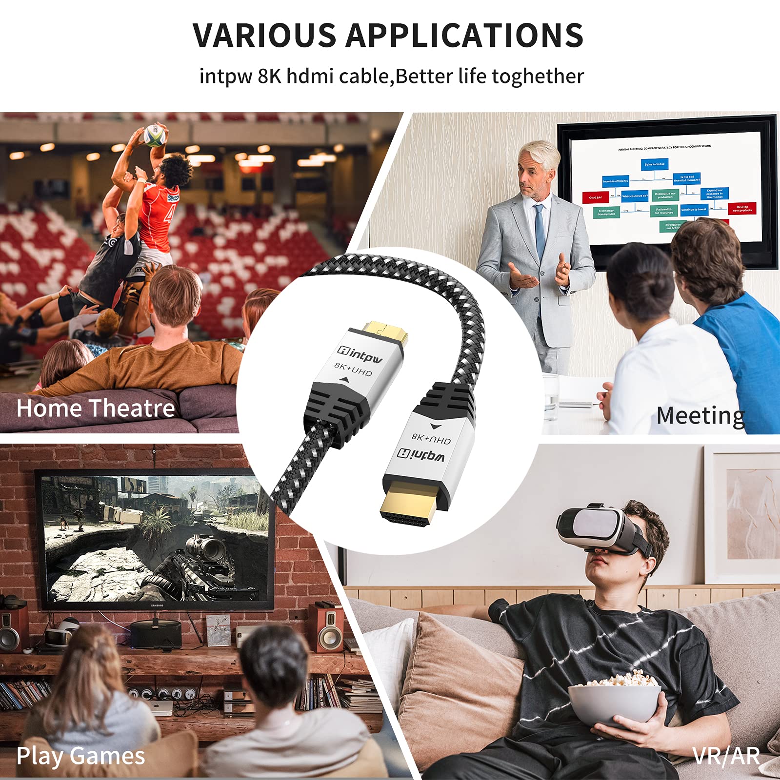 intpw 8K HDMI Cable 6.5ft, 3D-Braided HDMI Cord, 48Gbps Ultra High Speed HDMI Cable, 8K60 4K120 eARC HDR10 4:4:4 HDCP 2.2 & 2.3 Compatible with 8K TV/Xbox Series X/PS5/Blu-ray