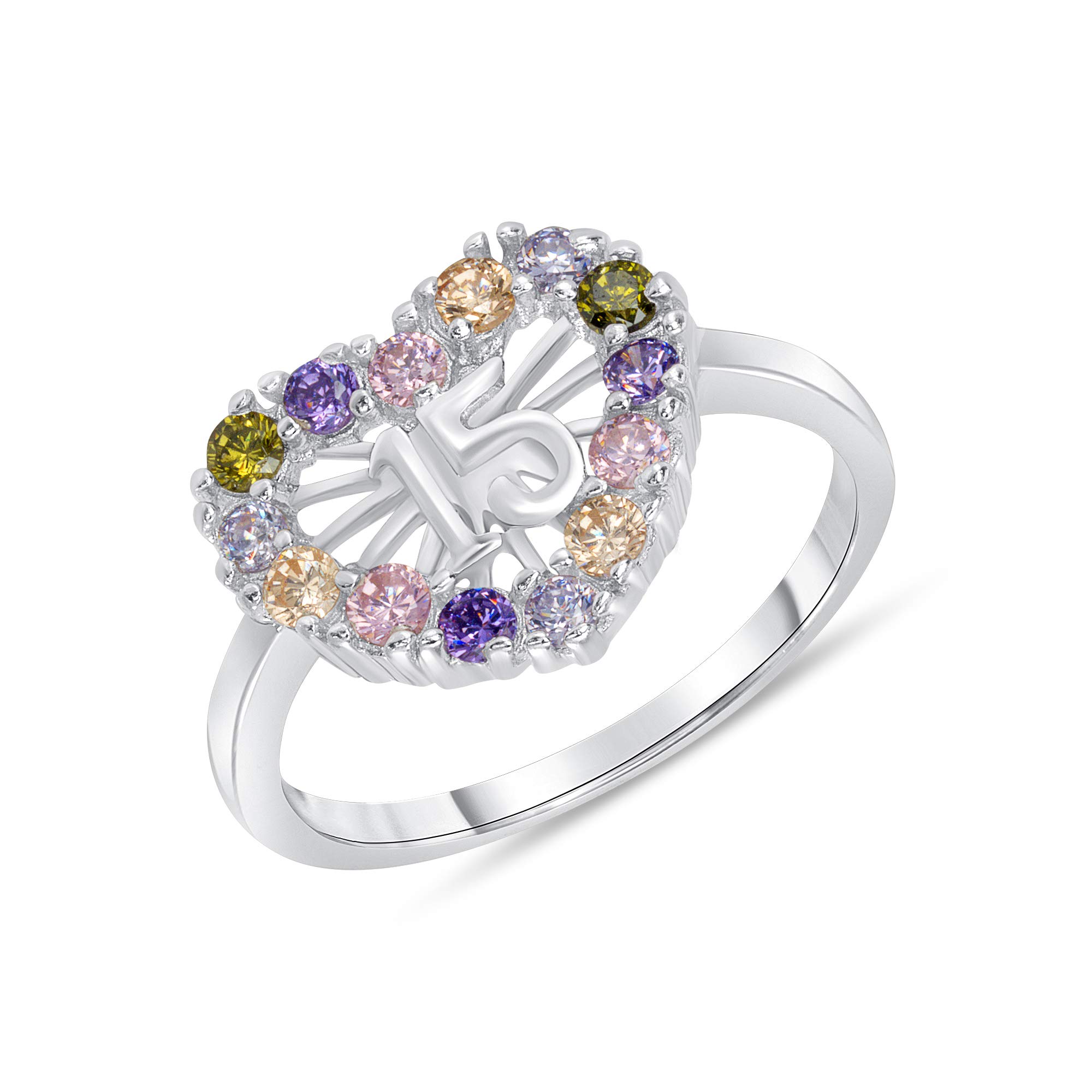 Jewelry by Debbie 925 Sterling Silver Sweet 15 Multi-Color Cz Quinceanera Crown Ring Rhodium Plated (7)