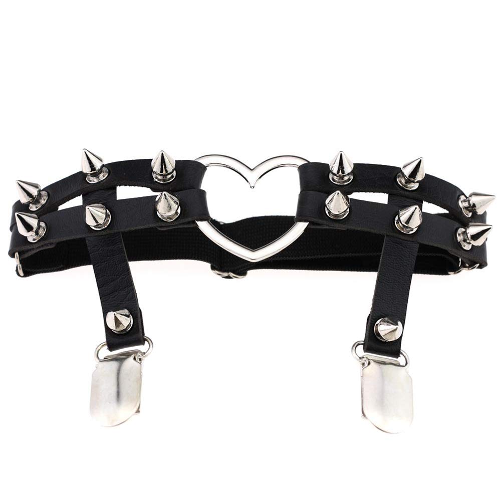 Jurxy 2PCS Gothic Studded Heart Garters Leg Ring Leg Elastic Punk Harness Garter Belt Adjustable Suspender with 2 Metal Clips – Black