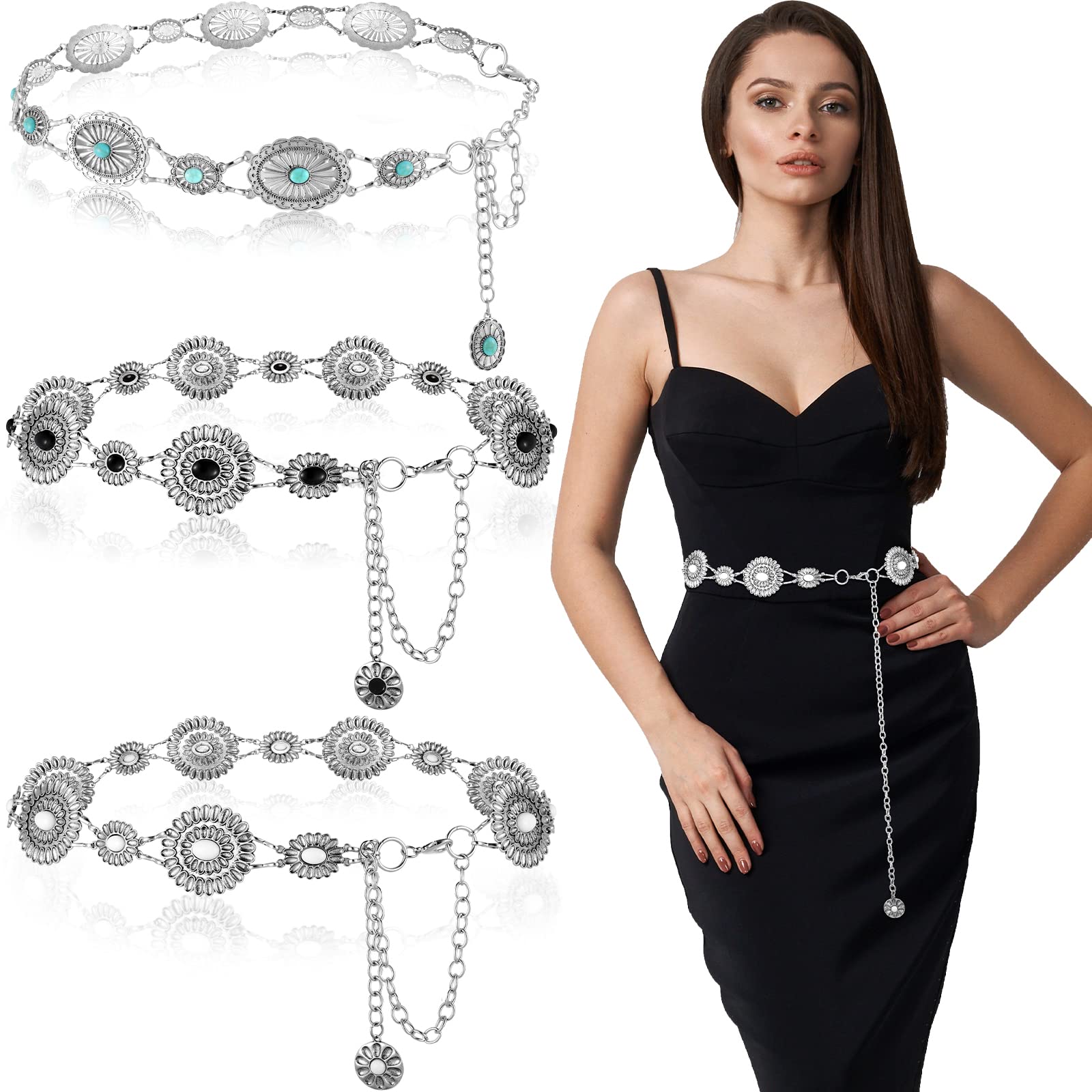 Junkin 3 Pcs Women Concho Western Chain Belts Turquoise Chain Belts Antique Western Waist Belts Country Metal Belt Link Belt (White, Black, Green)