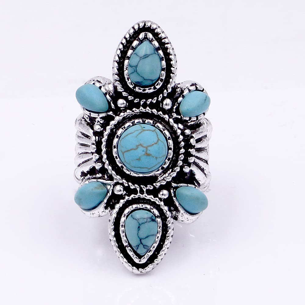 Lavencious Antique Silver/Gold Plated with Turquoise Stones Stretch Statement Rings for Women Size for 7-9 (Antique Silver Plated)