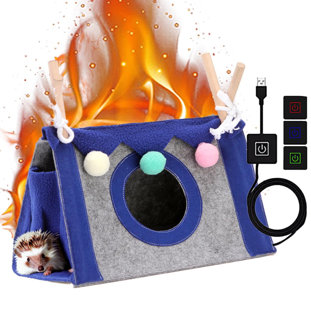 Hamster Sleeping Bed Hammock Baby USB Heating Pad Small Animals Adjustable Temperature Warm Hanging Bed for Hedgehog Rat Sugar Glider Squirrel Ferret Winter Nest Hideout Pet Accessories (Blue)