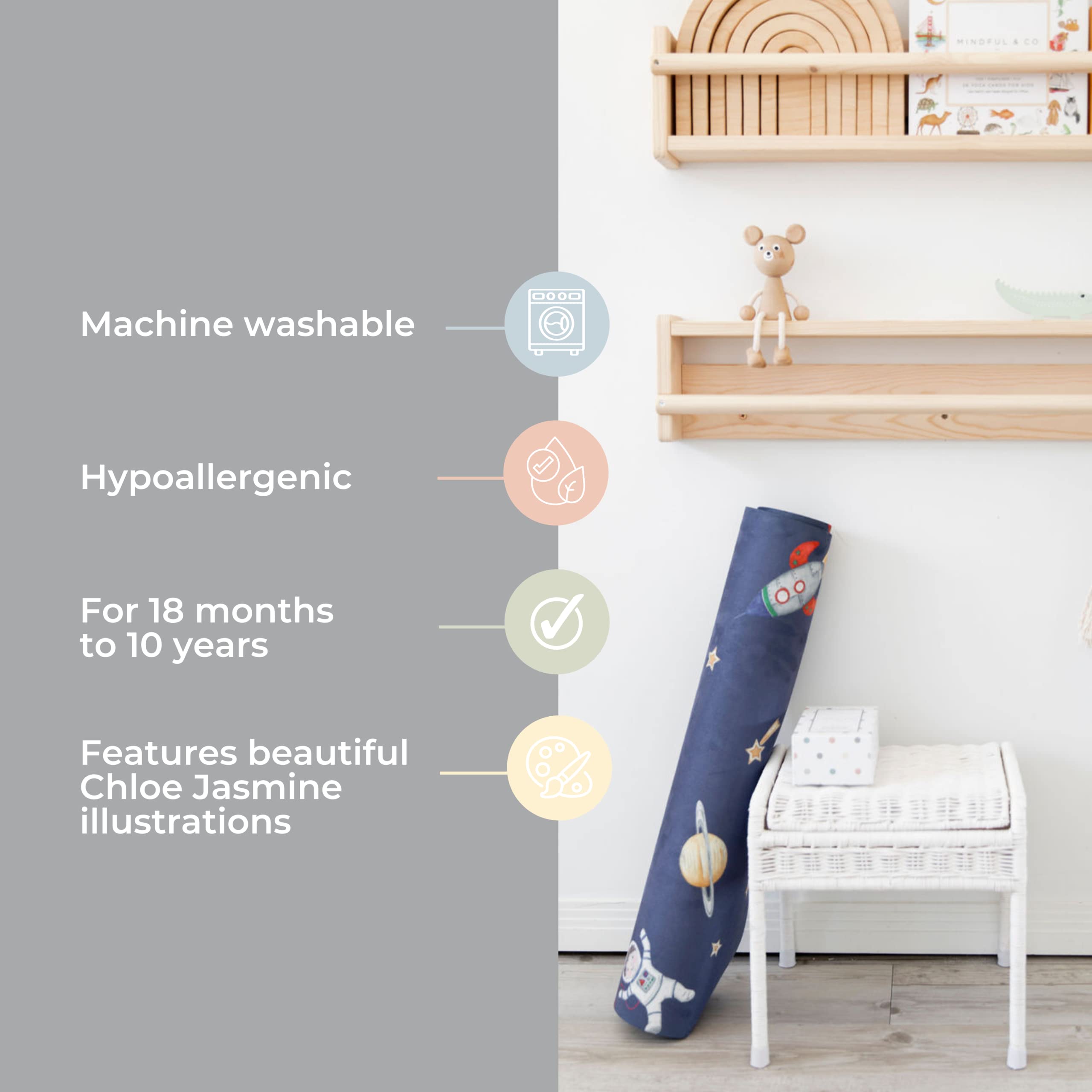 Mindful and Co Kids Printed Lightweight Children's Yoga Mat, 100% Recycled Rubber with Non-Slip Suede for Toddler Preschool & Elementary, Space