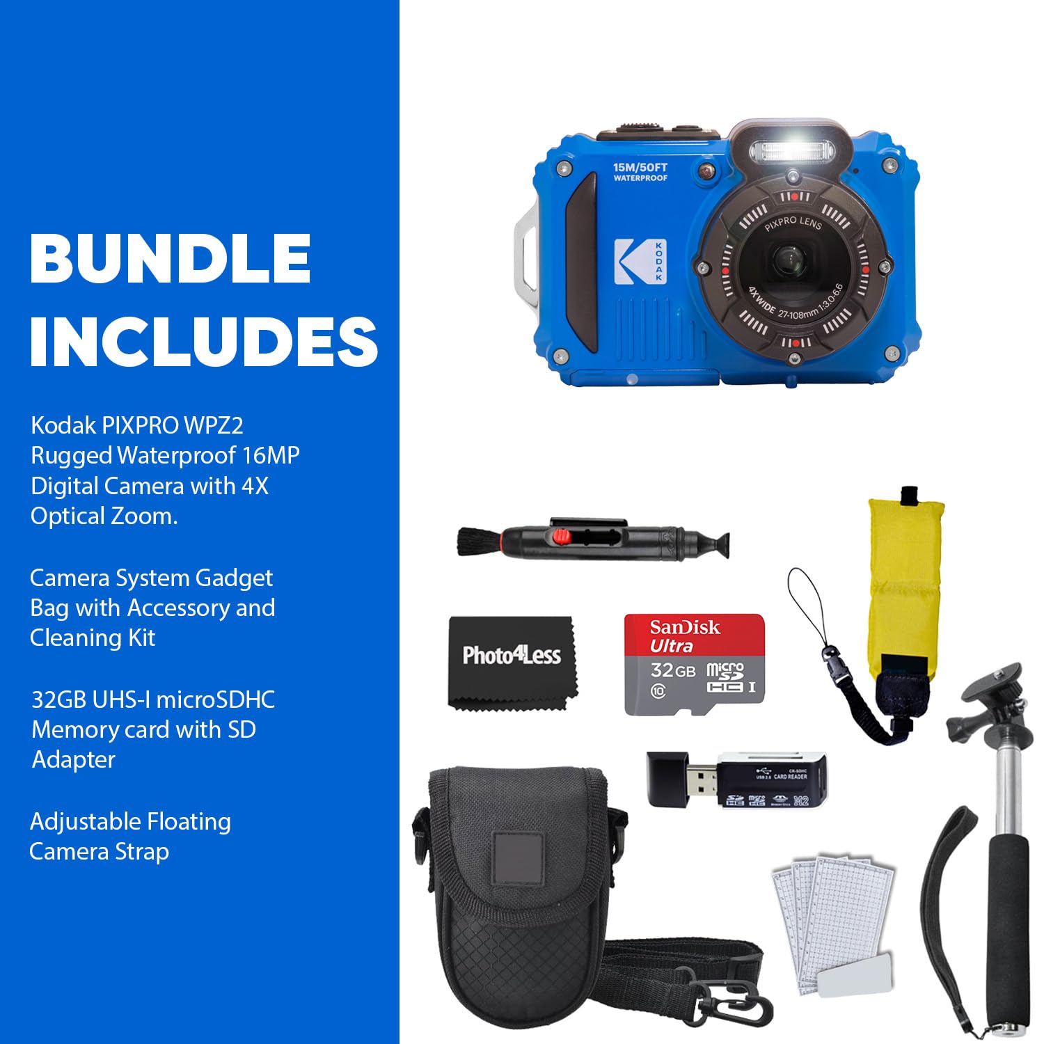 Kodak PIXPRO WPZ2 Rugged Waterproof Shockproof Digital Camera 16MP 4X Optical Zoom 1080P Full HD Video, 2.7" LCD (Blue), 32GB SD Card, Black Compact Camera Case, Floating Strap, Bundle (7 Items)