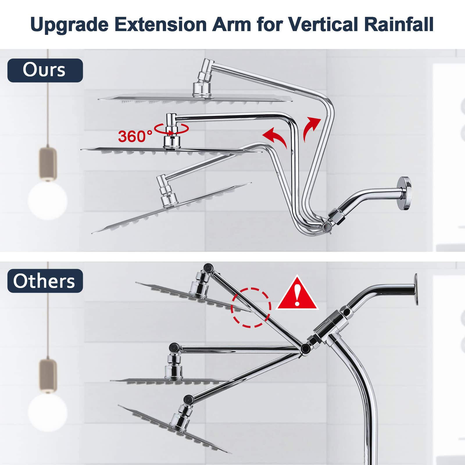 PDPBath 12" Rain Shower Head with Upgrade Adjustable Extension Arm, 304 Stainless Steel High Pressure Rainfall Showerhead, All Metal Large Square Waterfall Fixed Showerhead for Bathroom - Chrome