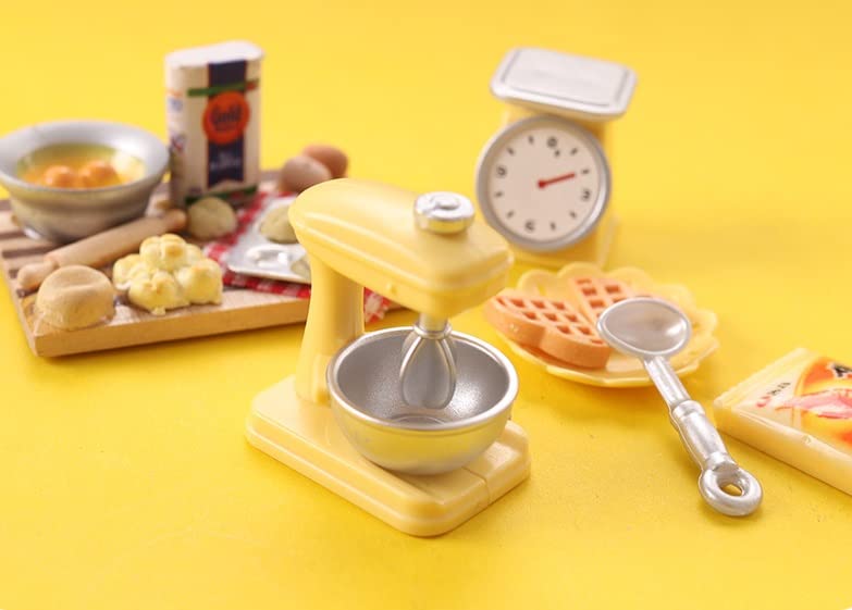 Miniature Dollhouse Kitchen Set 1:12 Decoration Waffle Maker Toaster Scale Stand Mixer Flour 10PCS Modern Mini House Furniture Accessories Kit Pretend Play (Yellow)