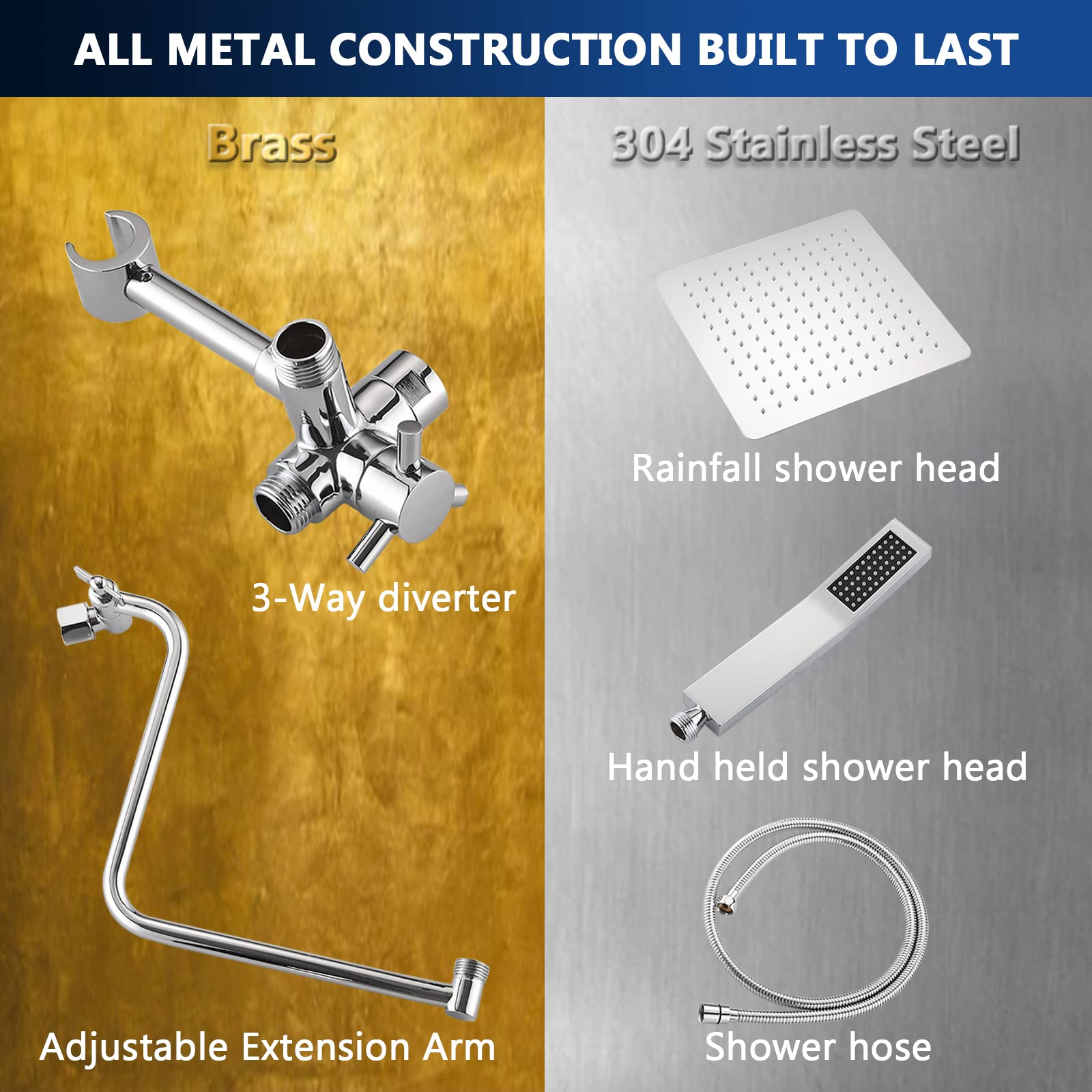 PDPBath All Metal Shower head with Handheld Combo, High Pressure 10" Rainfall Shower Head with Upgrade Adjustable Extension Arm, Shower Wand with 70" Extra Long Shower Hose, 3-Way Diverter-Chrome