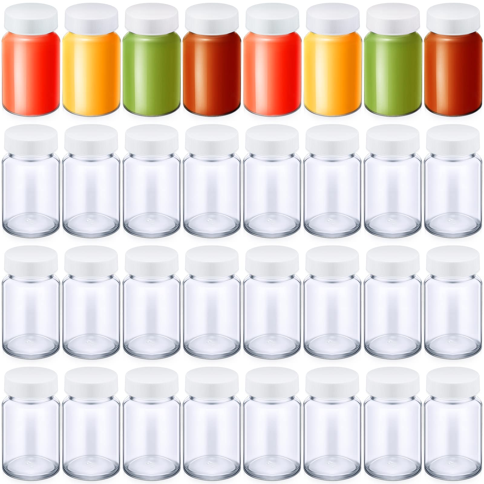 Hoolerry 32 Pcs Juice Shot Bottles 2 oz Juicing Bottles with Caps Reusable Mini Glass Jars with Lids Small Juicing Containers for Juicing Ginger Beverage Storage