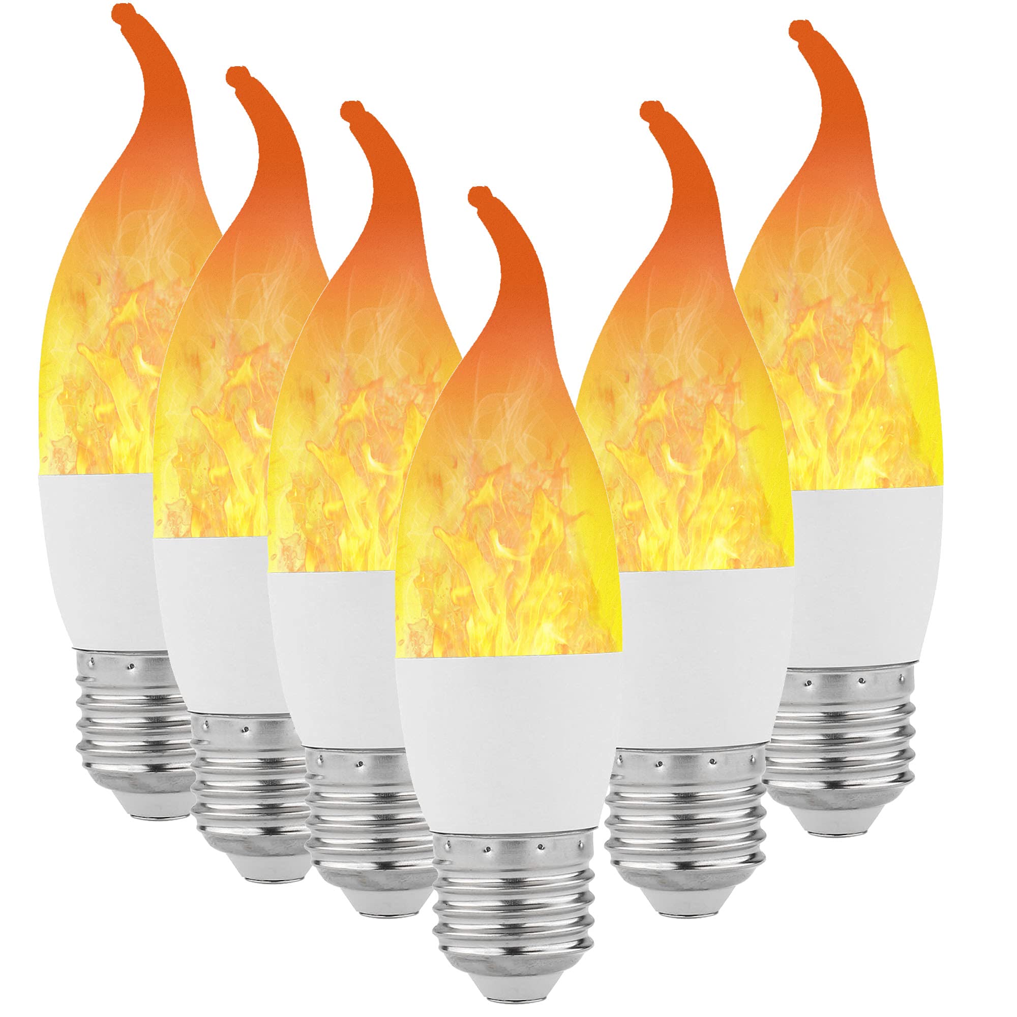 Kitmose 6 Pack LED Flame Effect Light Bulbs,3 Modes LED Candelabra Flickering Flame Light Bulb E26/E27,5W Candle Flame Tip Chandelier fire Light Bulb for Halloween Christmas Party Decor