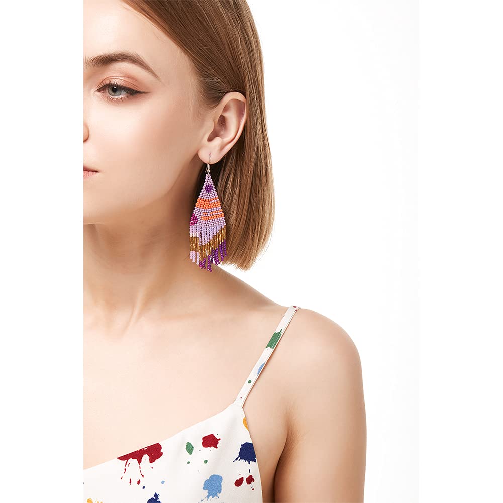 Luluping Beaded Tassel Earrings β Bohemian Native Statement Seed Bead Dangle Earrings for Women, Boho Statement Handmade Beaded Drop Fringe Earrings (Purple B)