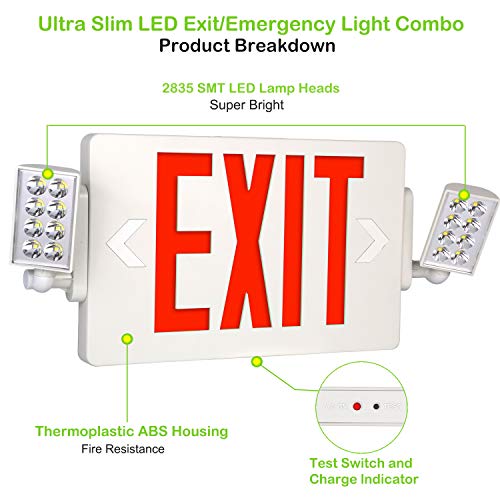 Hykolity Red Exit Sign, 120-277V Double Face LED Combo Emergency Light with Adjustable Two Head and Backup Battery, 2 Pack