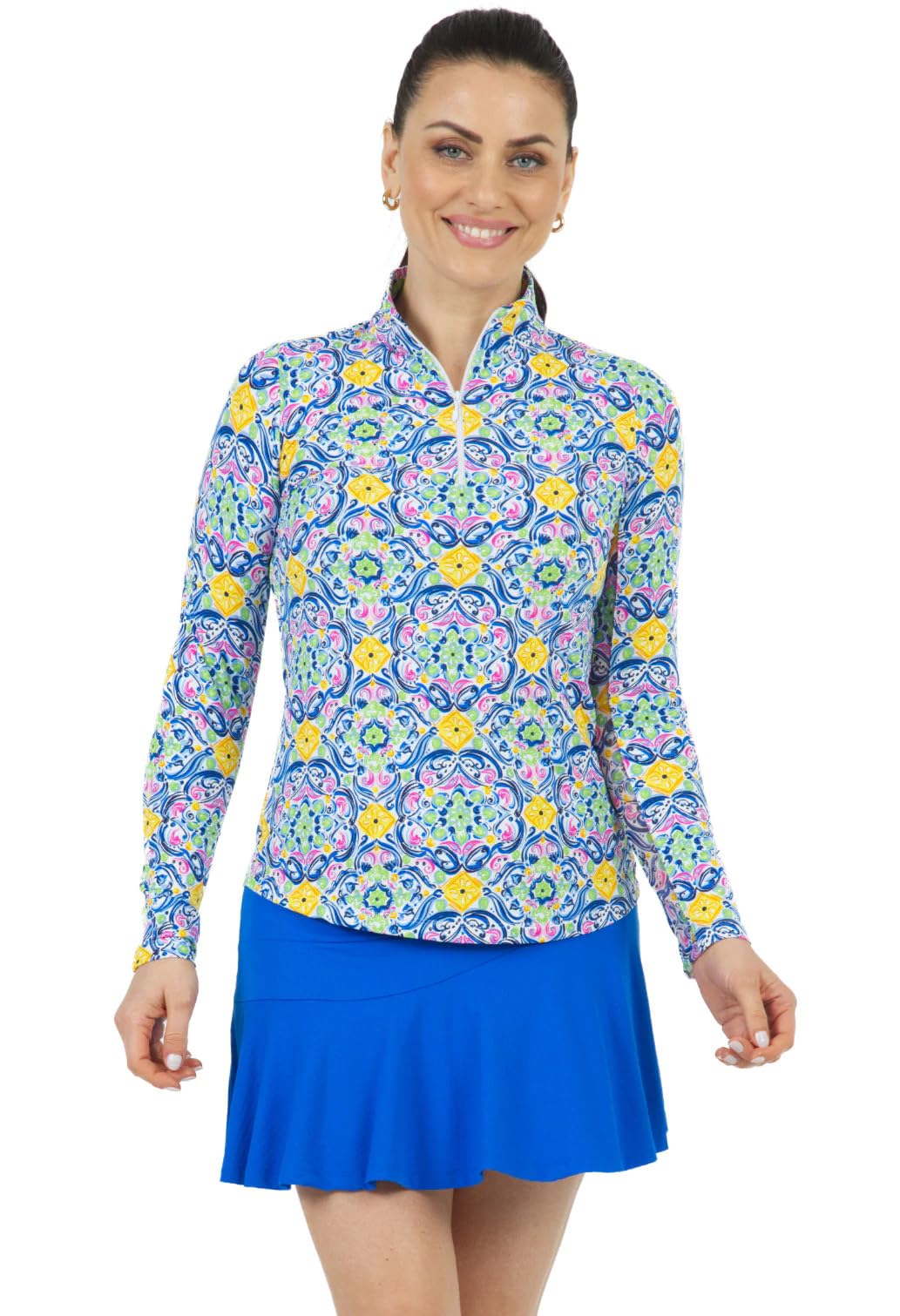 IBKUL Athleisure Wear Sun Protective UPF 50+ Icefil Cooling Tech Nora Print Long Sleeve Mock Neck Top – 10269 Hot Pink Multi Nora M
