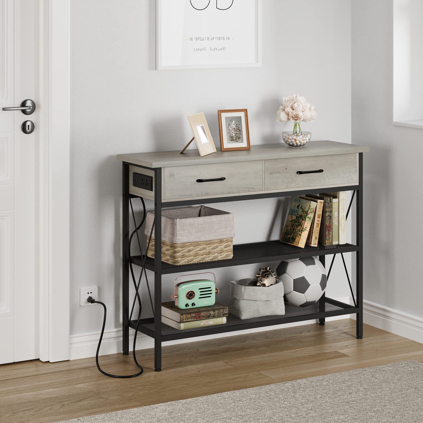 IDEALHOUSE Console Table with Storage, 39.3'' Entryway Table with 2 Drawers, Grey Behind Sofa Table, Console Table with Outlet for Living Room, Couch, Hallway, Foyer, Entryway, Kitchen-3 Tier