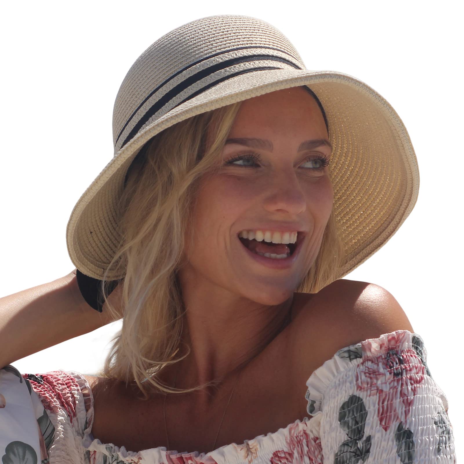 Jeff & Aimy Womens Packable Floppy Straw Beach Sun Hat Floppy with UV Protection Wide Brim Neck Cord Foldable Panama Fedora Travel Sunhat UPF 50 Large 57.5-59CM