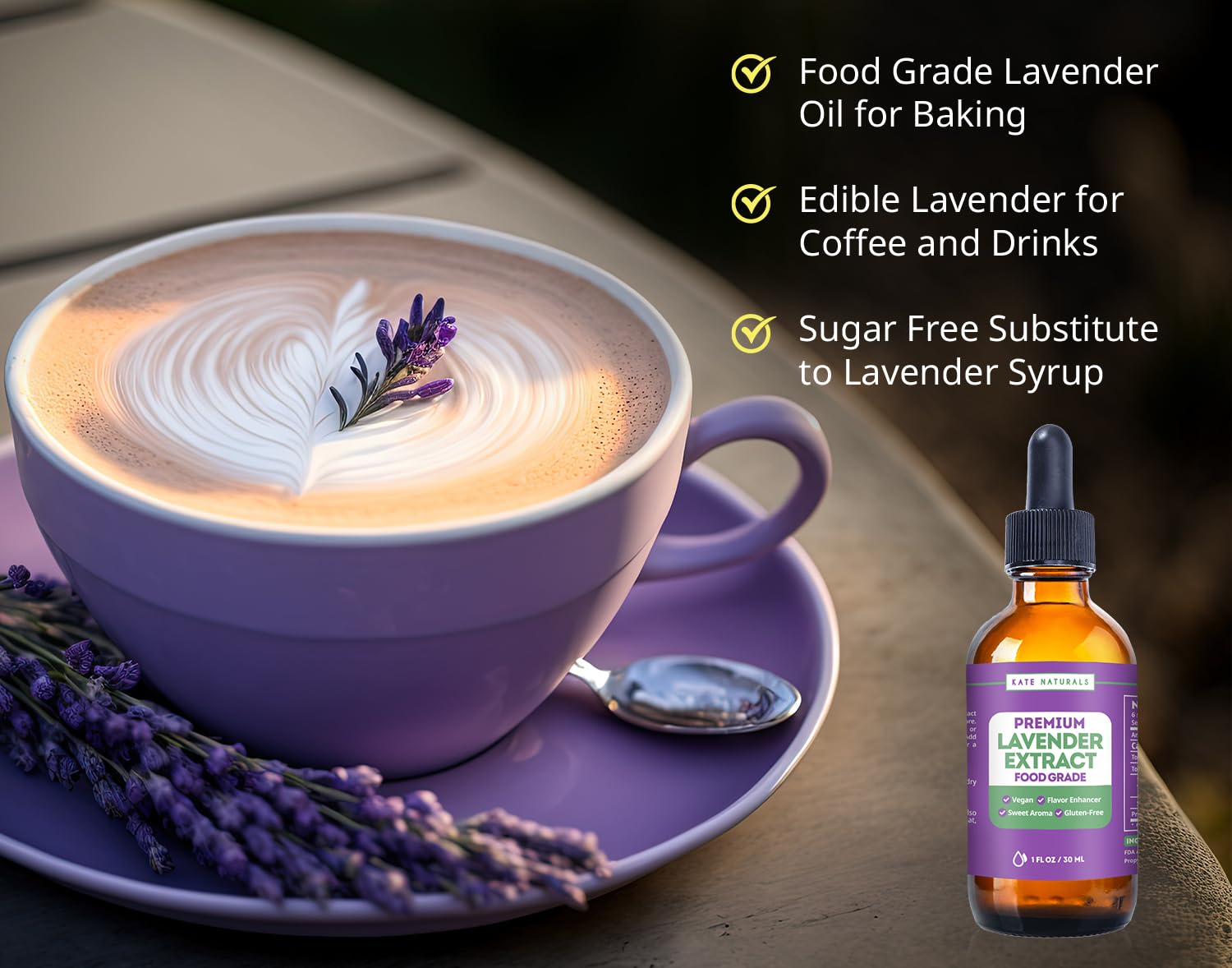 Kate Naturals Lavender Extract for Baking, Drinks, Coffee, Lattes. Food Grade Lavender Oil for Flavoring & Cooking (1oz, Sugar Free)